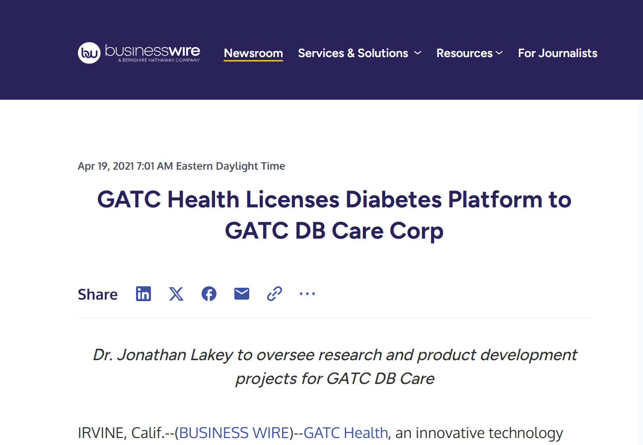 GATC Health Licenses Diabetes Platform to GATC DB Care Corp - GATC Health